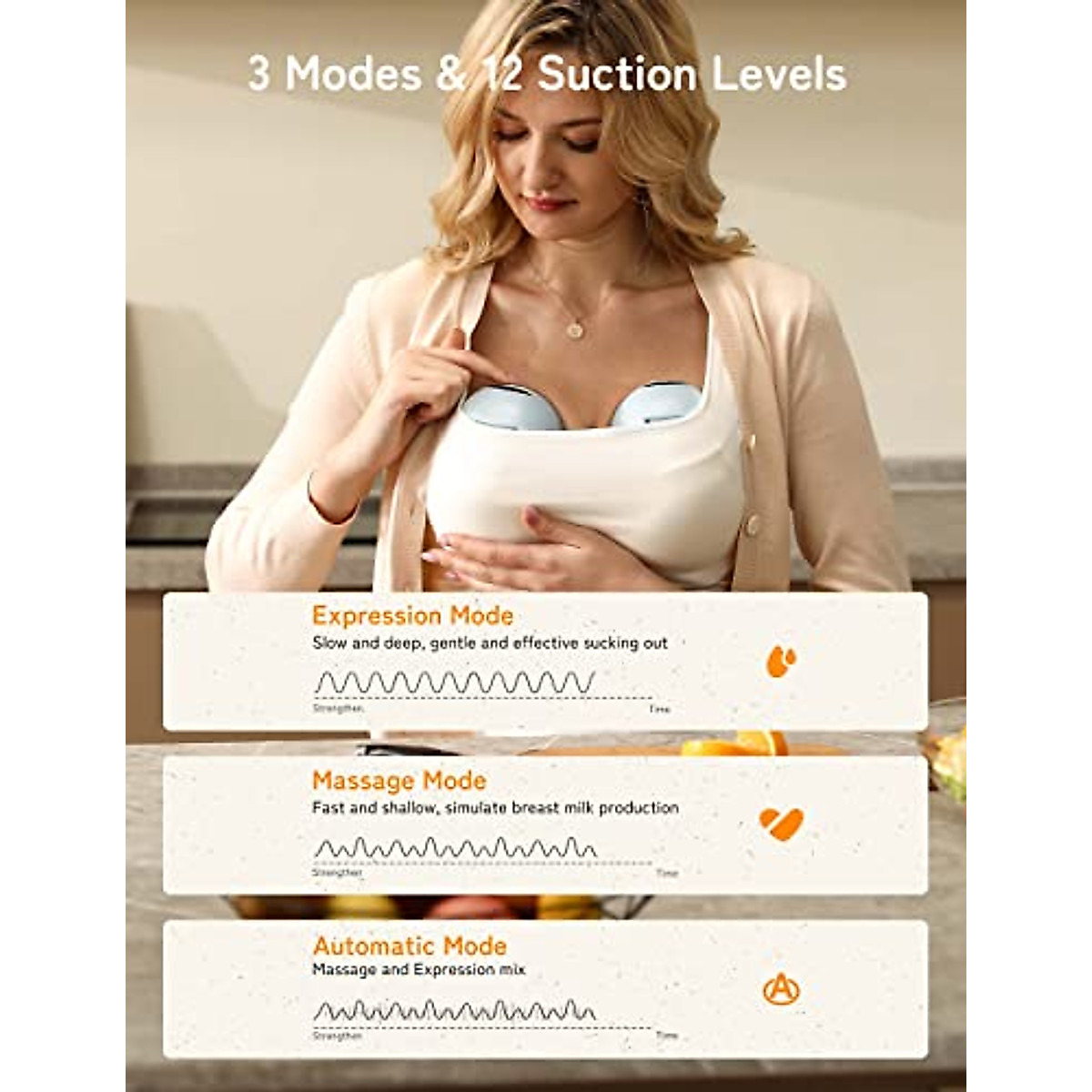 Besrey Wearable Breast Pump Hands Free with 3 Mode 12 Levels, Double Portable Electric Breast Pump of LED Display, Memory Function, Leak-Proof & Low Noise, 24mm All-in-One Painless Breastfeeding Pump