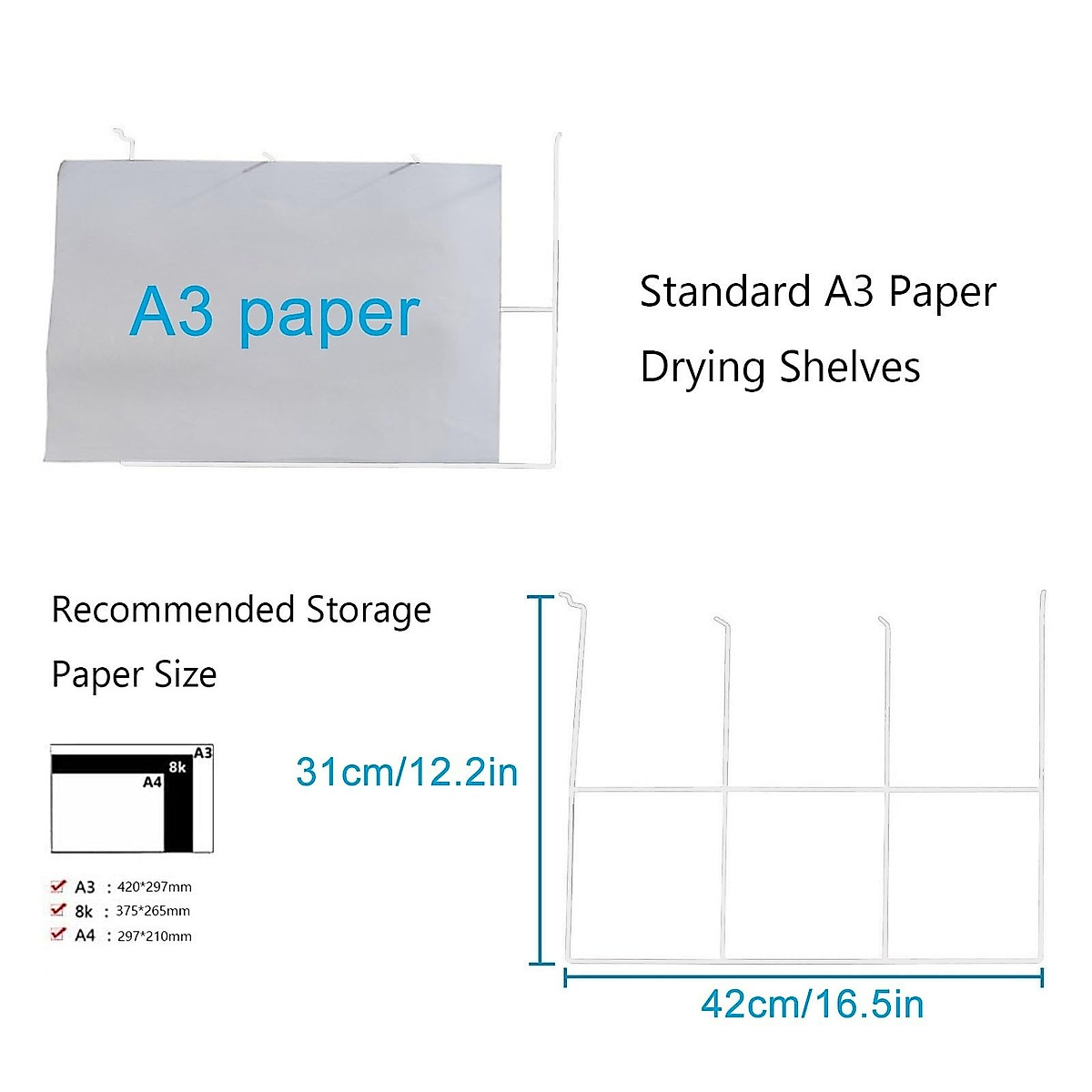 Metal Steel Art Drying Rack for Paintings, A3 Paper & Prints, Wall-Mounted Artwork Storage Display Rack with 20 Shelves for Classrooms, Art Studio and Home Use, White+Black
