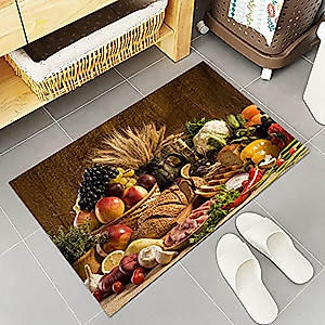 Kitchen Rug Sets 2 Piece Food Fresh Fruit Grape Bread Wheat Non Slip Anti Fatigue Floor Mats Good Harvest Brown Comfort Soft Absorb Cushioned Standing Doormat Runner Rugs (15.7x23.6+15.7x47.2 inch)