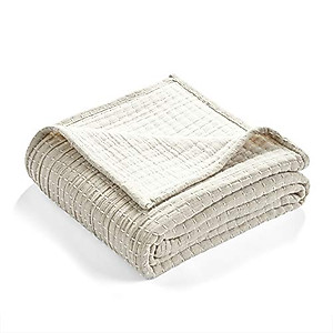 Lush Decor Solid Kantha Pick Stitch Yarn Dyed Cotton Woven Throw Blanket, 60" x 50", Neutral & Off-White