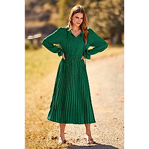 PRETTYGARDEN Women's 2024 Fall Midi Dress Casual Long Sleeve V Neck Swiss Dot Pleated A Line Flowy Dresses (Dark Green,Large)