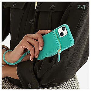 ZVE iPhone 13 Wallet Case with Wristlet, Zipper Leather Case with RFID Blocking Credit Cards Holder Slots, Protective Purse Handabage Cover for iPhone 13 6.1" (2021) - Mint Green