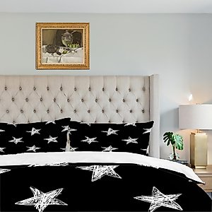 Shrahala Stars Star Black White Duvet Cover Set Queen Size, Chalkboard Stars 3 Pieces Soft Brushed 100% Cotton Duvet Covers with Button Closure, 1 Duvet Cover 90x90 inches and 2 Pillow Shams