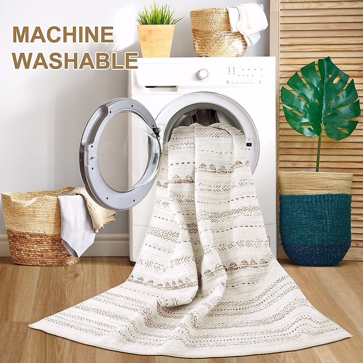 Area Rug Living Room Rugs: 5x7 Large Soft Machine Washable Boho Moroccan Farmhouse Neutral Stain Resistant Indoor Floor Rug Carpet for Bedroom Under Dining Table Home Office House Decor - Brown