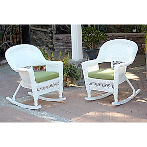 Jeco Rocker Wicker Chair with Green Cushion, Set of 2, White