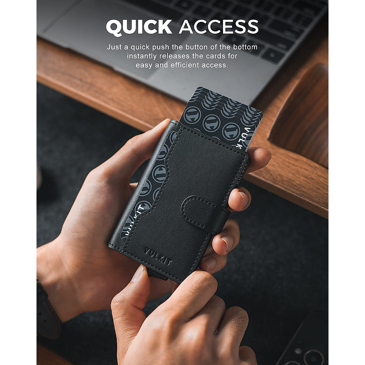 VULKIT Pop up Wallet Credit Card Holder with Leather Slots RFID Blocking Slim Metal Card Case for Men or Women(Black)