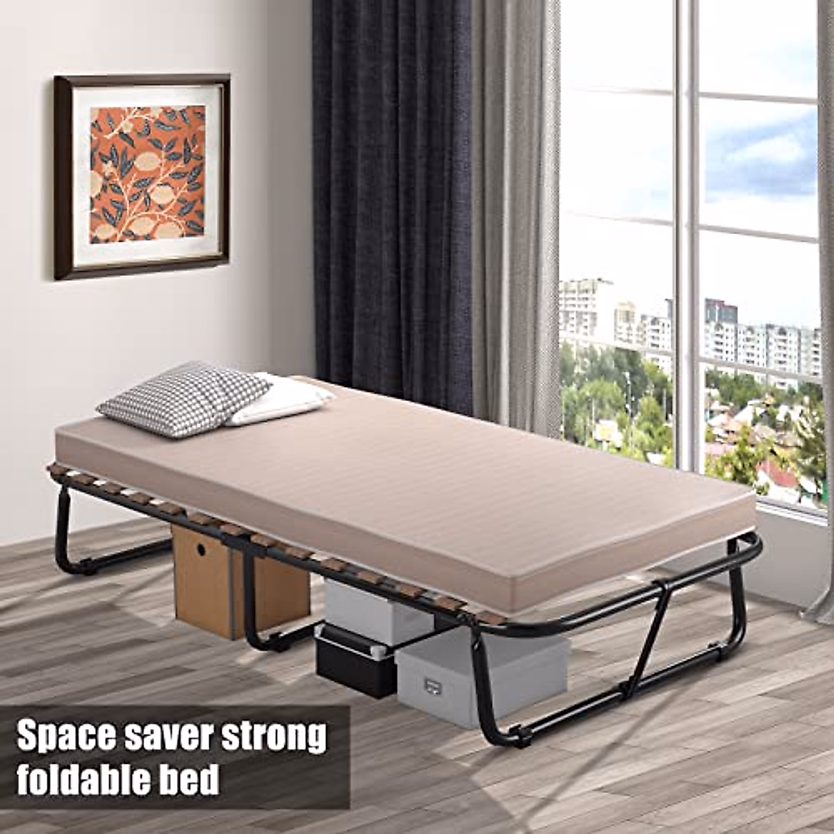 Giantex Folding Rollaway Bed with Mattress for Adults, Cot Size Portable Guest Bed with Memory Foam Mattress for Bedroom Office, Fold up Bed with Steel Frame & Wood Slats, Easy Storage, Made in Italy