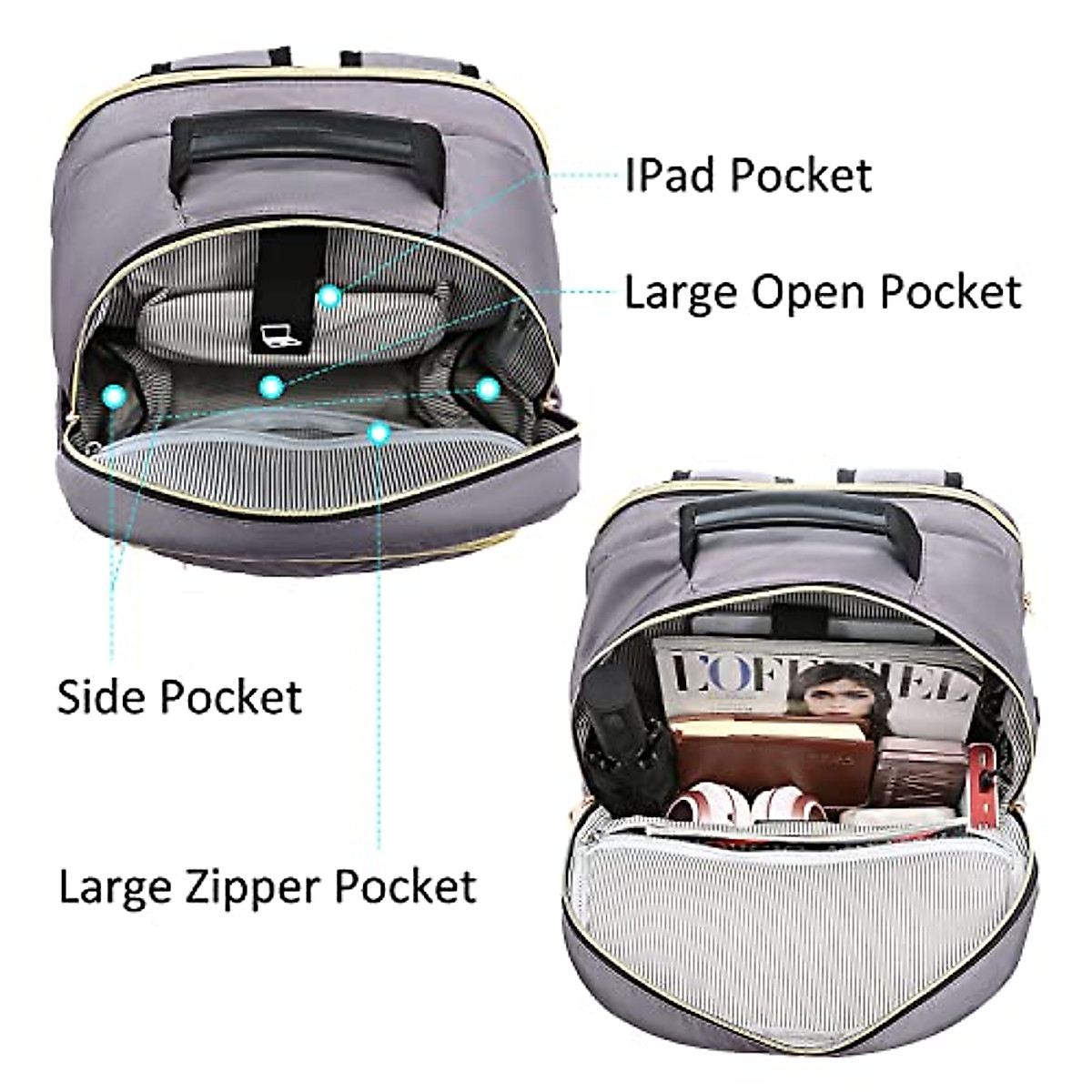 LOVEVOOK Laptop Backpack Purse for Women, Large Capacity Travel Business Computer Work Bag, Quilted Casual College Nurse Backpack for Womens, Fit 15.6 Inch Laptop with USB Port, Purple Grey