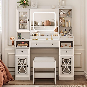 Maupvit Vanity Desk with Mirror and Lights,Makeup Vanity Table with Cushioned Stool and Charging Station,3 Lighting Modes Adjustable Brightness,Drawers,Power Outlet,Shelves,White