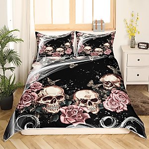 Feelyou Rose Skull Duvet Cover Gothic Skull Bedding Set for Kids Boys Girls Horror Skeleton Design Comforter Cover Ultra Soft Decor Retro Vintage Bedspread Cover Queen Size Zipper (No Comforter)