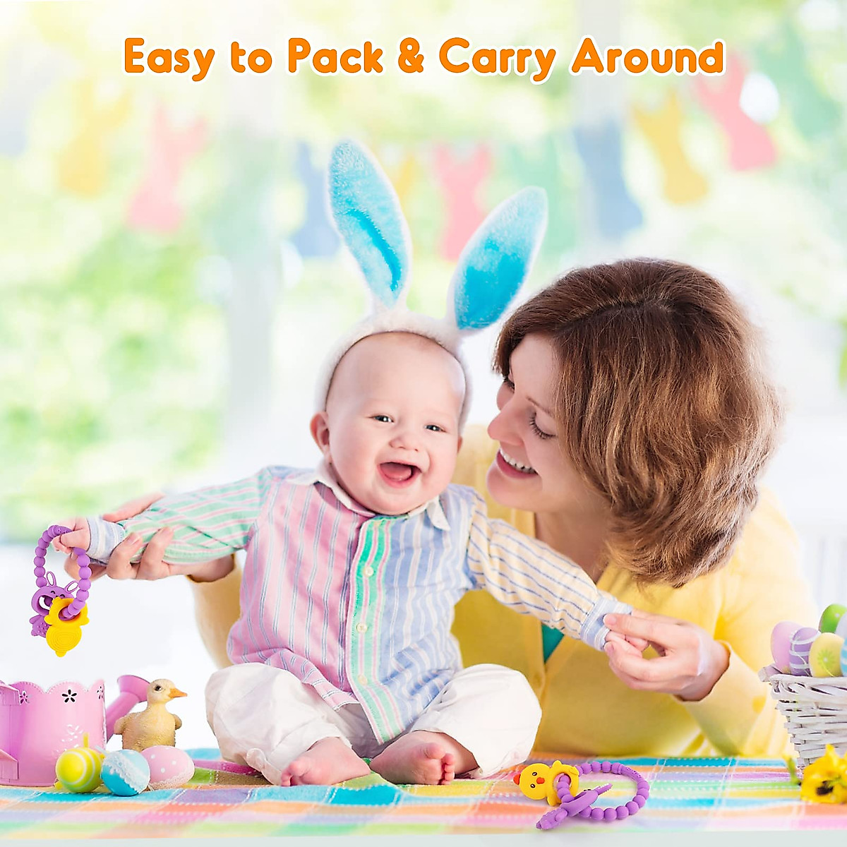 Easter Teething Toys Teethers for Babies 0-6 Months Baby Easter Teether Silicone Chew Toys Easter Basket Stuffers for Baby 6-12 Months Infant Teething Toys Easter Gifts Boys Grils Purple Bunny Chicken