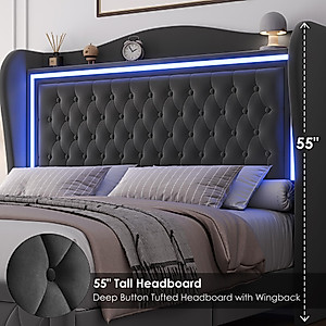 King Bed Frame 55" Tall Headboard with LED Lights, Buttons Tufted Velvet Upholstered Platform Bed Frame with 2 Storage Drawers, Wood Slats Support Mattress Foundation, No Box Spring Needed, Grey