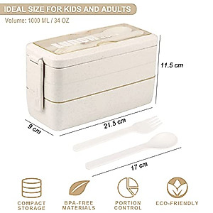 ASYH Bento Box Lunch Box, 3-In-1 Compartment Meal Prep Stackable Containers 1000ML, Japanese Style Lunch Box with Fork and Spoon for Adults Office, Microwave Safe (Khaki)