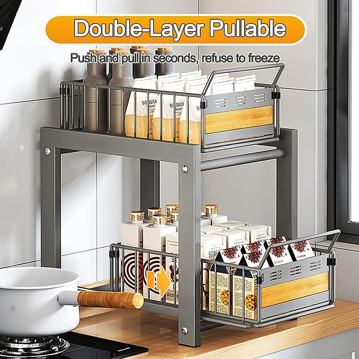 Fangtueh Under Sink Organizer, 2-Tier Pull Out Under Sink Organizers and Storage, Stainless Steel Under The Sink Organizer Bathroom Kitchen Sink Cabinet Organizer Undersink Organization, 1Pack Black