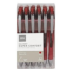Office Depot Super Comfort Grip Retractable Ballpoint Pens, 1.0 mm, Medium Point, Red Barrels, Red Ink, 12 pk, BP12RED