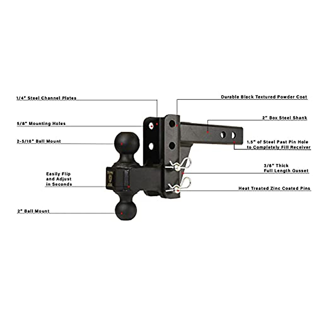 BulletProof Hitches 2.0" Adjustable Medium Duty (14,000lb Rating) 2" Drop/Rise Trailer Hitch with 2" and 2 5/16" Dual Ball (Black Textured Powder Coat)