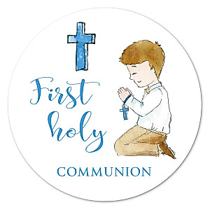 Blue First Holy Communion Stickers, 2 Inch Boy Religious Favor Stickers Labels 40-Pack