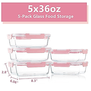 Homhut Glass Food Storage Containers with Lids 36oz Glass Meal Prep Containers Reusable Glass Bento Boxes for Adults Airtight for Microwave, Oven, Freezer and Dishwasher(4.5cup𝘅5pcs)