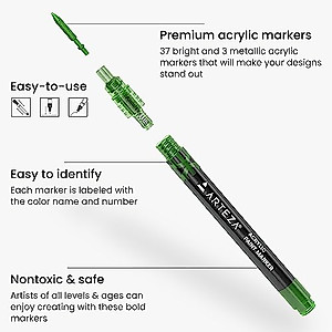 Arteza Acrylic Paint Markers, Set of 40 Acrylic Paint Pens in Assorted Colors, Small Barrel, Art & Craft Supplies, Use on Canvases for Painting, Glass, Pottery, Plastic, and Rock