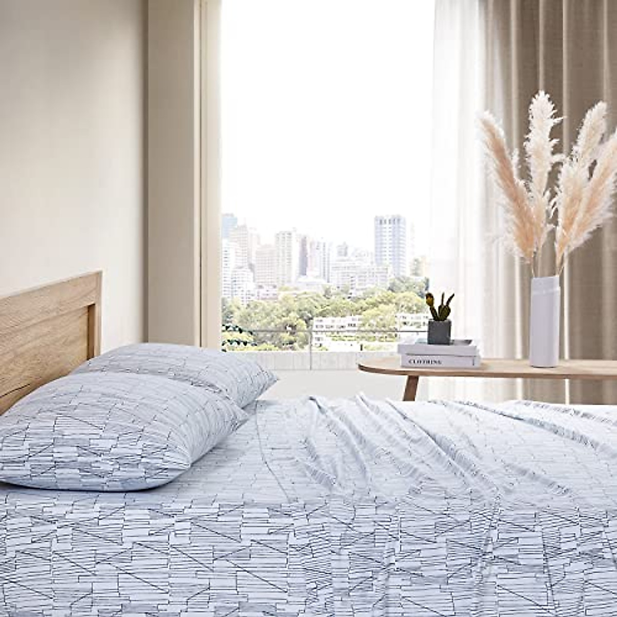 City Scene - Queen Sheets, Cotton Percale Bedding, Crisp & Cooling Home Decor (Tally Navy, Queen)