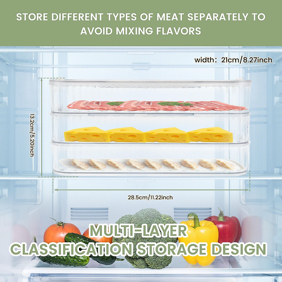 Tzdxfgl Deli Meat Container for Fridge, 3 Layer Bacon Meat Container for Refrigerator with Date Recording Function, Food Grade Food Organizing Box, Removable Bacon Keeper Fridge for Home
