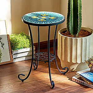 VONLUCE Patio Side Table and Plant Stand, 21" End Table with 14" Ceramic Tile Top for Porch Garden Decor, Indoor and Outdoor Mosaic Table, Living Room Bedroom Balcony Furniture for Home Garden, French