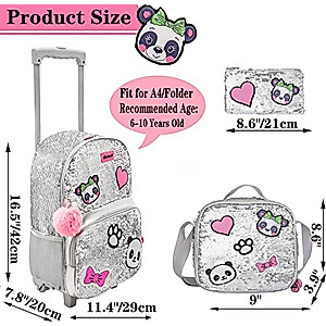 Meetbelify Girls Rolling Backpack Sequin Rolling Backpacks with Wheels for Girls for Elementary Preschool Cute Panda Roller Luggage with Lunch Box for 6-12 Girls