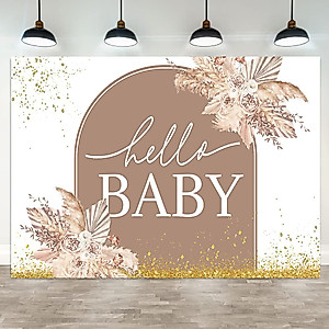 Hilioens 7×5ft Boho Baby Shower Backdrop Hello Baby Boho Pampas Floral Girl Baby Shower Background Oh Baby Gold Dots Newborn Pregnant Announcemen Surprise Party Banner Decorations Supplies