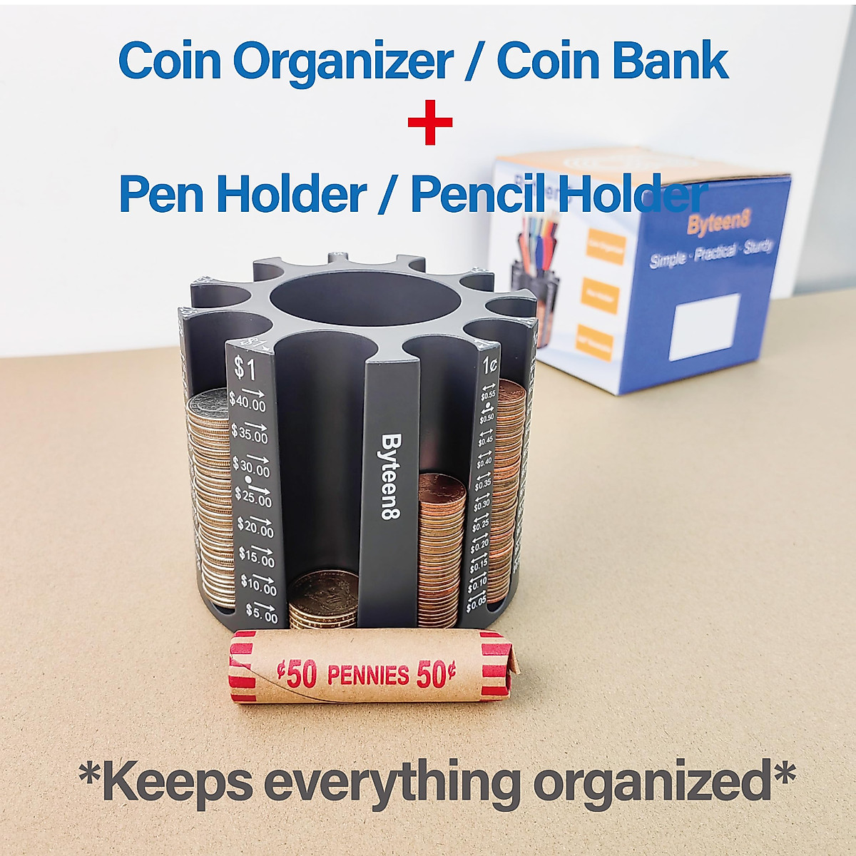 Byteen8 Coin Counter Coin Sorter｜Pen Holder + Coin Holder as Desk Organizer｜Piggy Bank for Adults & Kids + Pencil Holder for Desk｜Coin Wrappers Coin Bank Store 500pcs｜Creative Gifts for Kids & Family