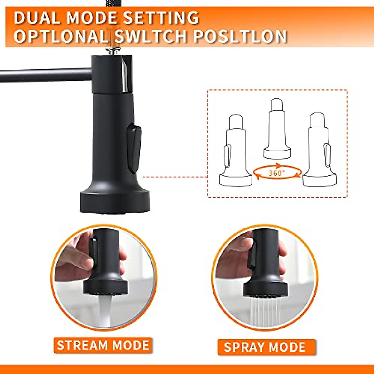 OWOFAN Black Kitchen Faucet Contemporary Spring Kitchen Sink Faucet with Pull Down Sprayer Single Handle Pull Out Kitchen Faucets with Deck Plate 866055R