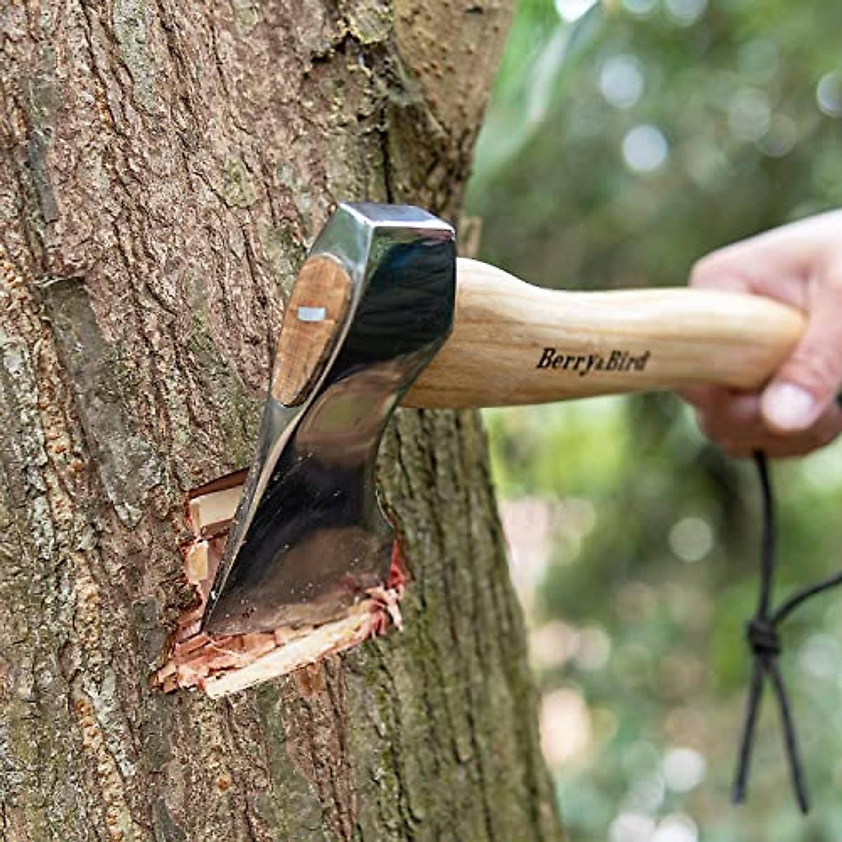 Berry&Bird Camping Axe, 12.5’’ Small Axe Hatchet with Wooden Short Handle & Leather Sheath Mini Hand Axes for Cutting & Splitting Forged Carbon Steel Blade Outdoor Manual Tool
