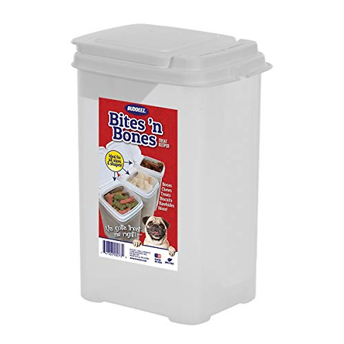 Buddeez Pet Treat Container - Bites & Bones 3.5 Quart Dog Treat Container, Cat Treat Container, with Large Flip Top Lid Suitable For Dog, Cat, Bird, & Other Animal Treat Storage