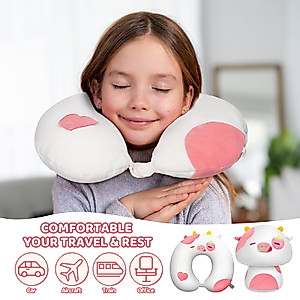Mewaii Kids Travel Pillow, Cute Strawberry Cow Stuffed Animal Neck Pillow for Kids & Adults, Reversible Plush Squishy 2-in-1 Travel Plush Pillow for Airplane, Car, Train