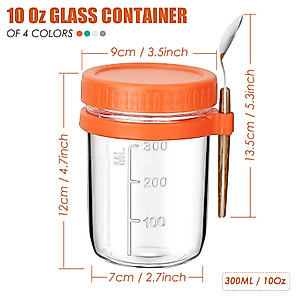 4 Pack Overnight Oats Container with Lid and Spoon,10 oz Large Capacity Airtight Oatmeal Container,Salad Cup,Glass Mason for Cereal Yogurt Milk Fruit