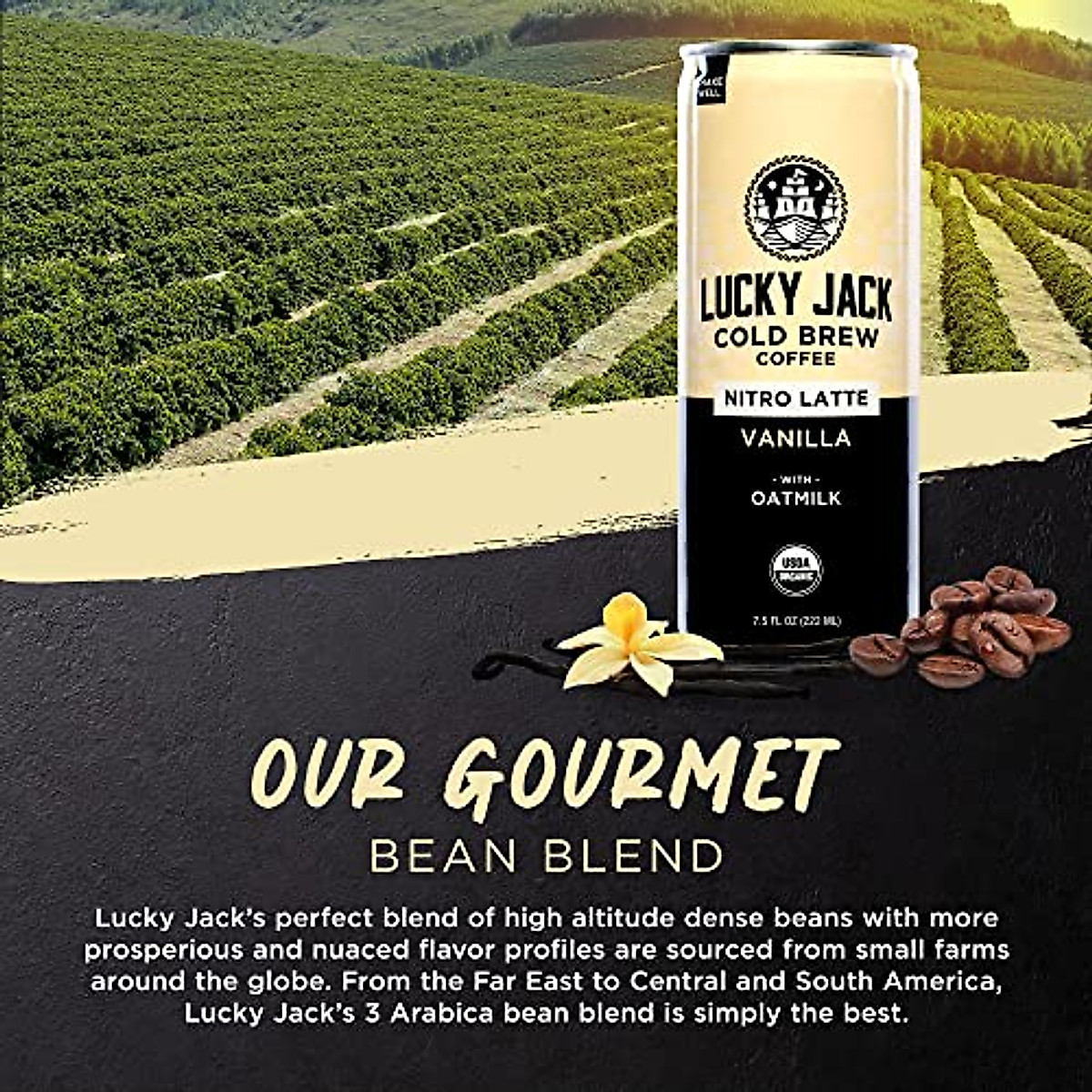 Lucky Jack Cold Brew Coffee Vanilla - Draft Pour Nitro Latte w/Oat Milk, 130mg Caffeine Per Serving - Gluten Free, Nut Free, Kosher & USDA Certified Organic - (12 Pack, 7.5oz Cans)