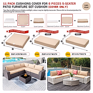 ClawsCover 11Pack Outdoor Patio Seat and Back Cushions Replacement Covers Fit for 5-Seater 6Pieces Wicker Rattan Furniture Conversation Set Sectional Couch Chairs,Light Khaki-Included Cover Only