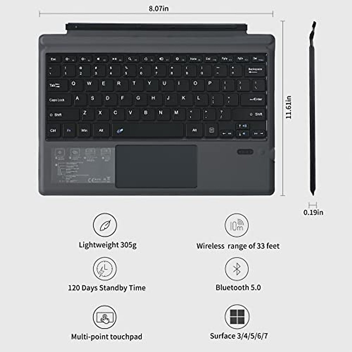 Rapoo XK200 Bluetooth Microsoft Surface Pro 7+/Pro 7/Pro 6/Surface Pro 5 (Pro 2017)/Pro 4 12.3 inch Tablet/Surface Pro 3 2014 Keyboard Case with Trackpad - Detachable Wireless Keyboard Type Cover