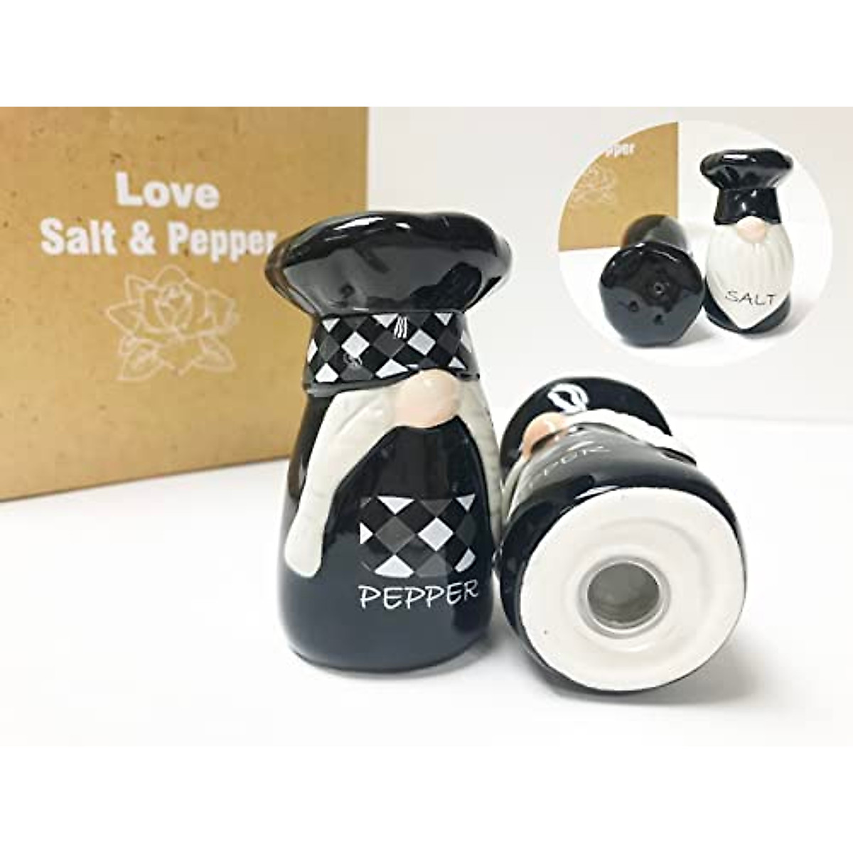KARALIN Ceramic Salt & Pepper Shaker Sets Tabletop Accessories Cute Gnomes Chef Design Family Gifts with Gift Box ready (Black & White)