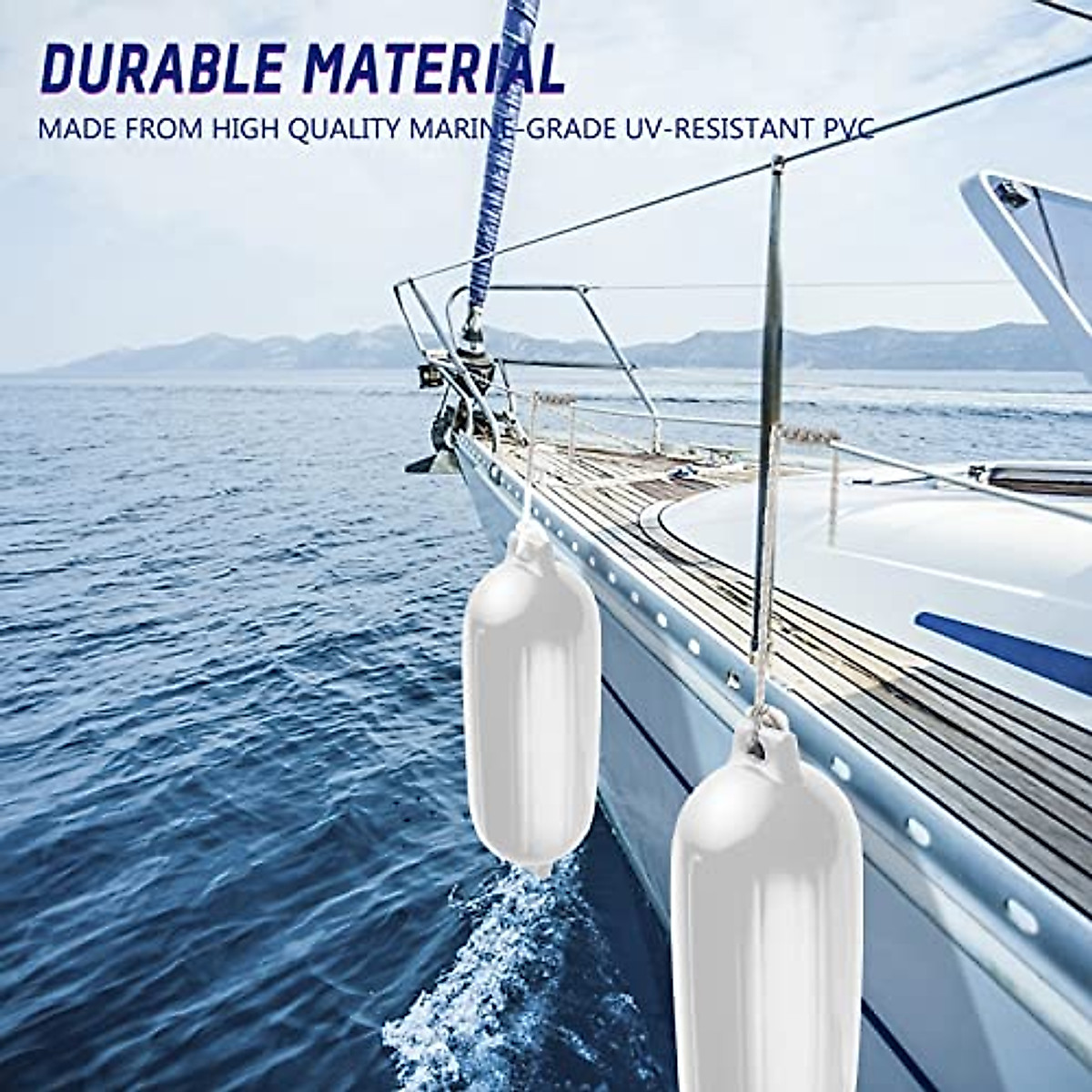 VOYOCHT 8.5 x 27 Inches Twin Eyes Ribbed Boat Fenders 4 Pack Boat Fenders Bumpers with Lines and Pump to Inflate for Docking (White)