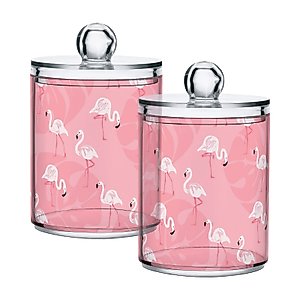 Kigai 2PCS Pink Flamingos Qtip Holder Dispenser with Lids - 14 oz Bathroom Storage Organizer Set, Clear Apothecary Jars Food Storage Containers, for Tea, Coffee, Cotton Ball, Floss