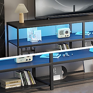 ADOFFUR 63 Inch Horizontal Bookshelf, Industrial 3 Tier Open Book Shelf with LED Strip and Outlets, Wood and Metal Long Bookcase for Home Office (Black)