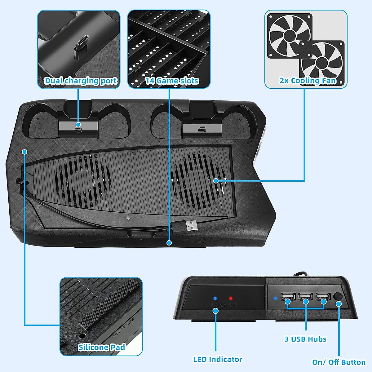 Yerliker Multi-Function Vertical Stand with Cooling Fan Compatible with PS5 Console and PS5 Digital Edition, with Game Holder Dual Controller Charger 3-Ports USB Hub and 14 Game Card Slot Organizers [video game]