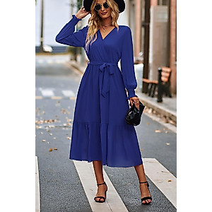 PRETTYGARDEN Women's Floral Print Boho Dress Long Sleeve Wrap V Neck Ruffle Belted A-Line Flowy Maxi Dresses (Solid Blue,Large)