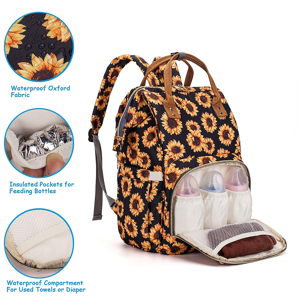 LEQUEEN Diaper Bag Backpack Waterproof Stylish Multifunction Large Capacity Travel Back Pack Maternity Baby Nappy Bags (Flora, Black)