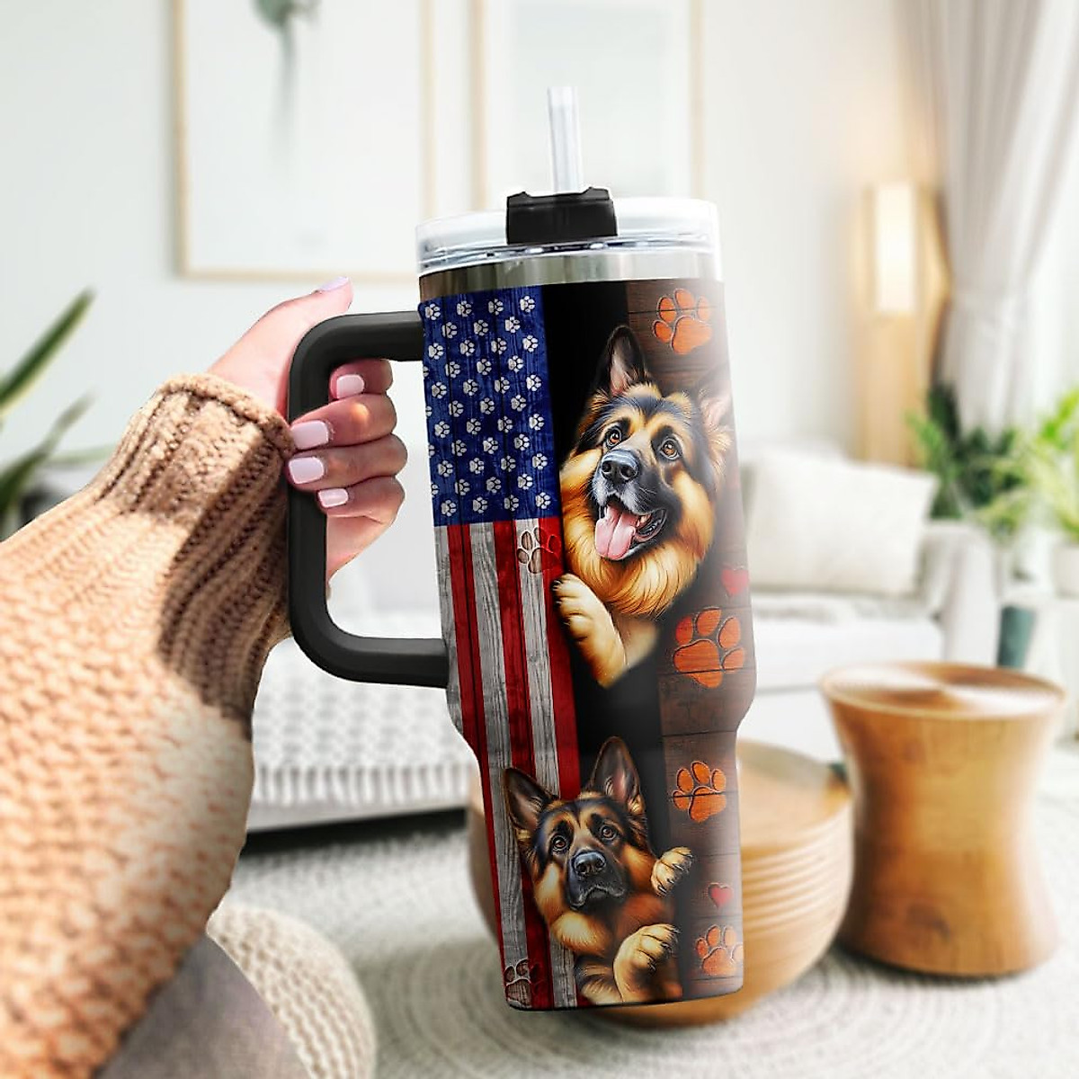 99OWL Patriotic Brown Engraved Best Funny For Adults Women Coffee Cups Cute Worlds Handle, Dog Mom Gifts, Tumbler 40 Oz With Handle Lid And Straw, German Shepherd American