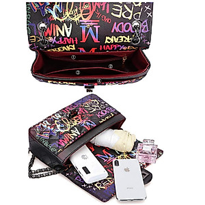 Wxnow Quilted Crossbody for Women PU Leather Shoulder Bags Purse with Chain Strap Handbags Black Graffiti