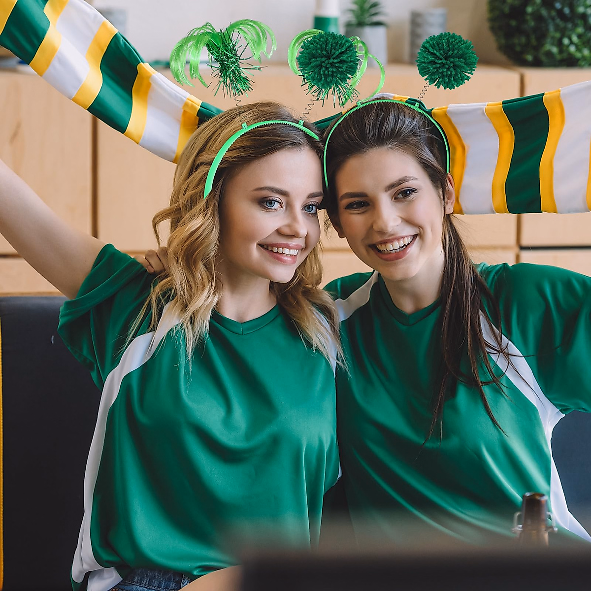 Censen 8 Pcs Pom Pom Headbands Party Headbands Tinsel Wrapped Ponytails Headbopper Headwear for Halloween Birthday Festival(Green)