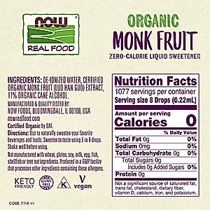 NOW Foods, Certified Organic Monk Fruit Liquid, Zero-Calorie Liquid Sweetener, Non-GMO, Low Glycemic Impact, 8-Ounce