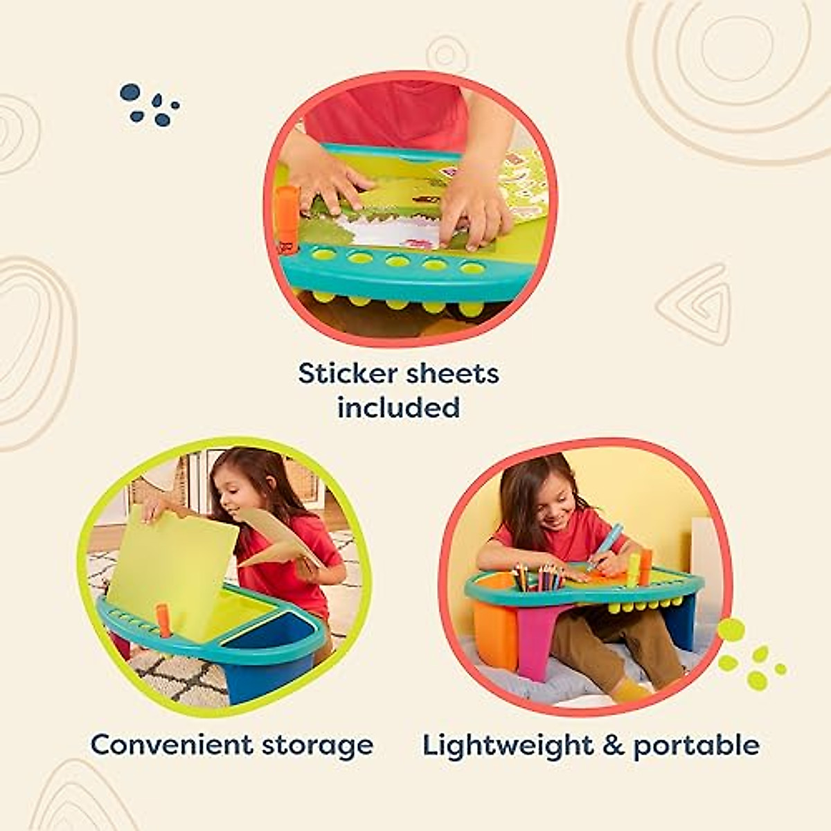 B. toys- Imagination Station- Creaitve Kids Lap Desk – Lap Desk for Art, Coloring, Writing – Portable Table with Storage Space – Reusable Sticker Set – 3 Years +
