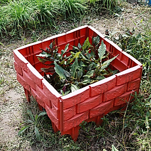 MEUMITY 4 PCS Garden Plastic Fence Edging,Imitation Stone Brick Plant Border Assemblable Plastic Faux Stone Patio Fence for Garden, Terrace, Balcony, Park, DIY(Red)